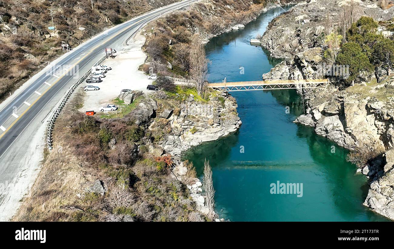 Aerial photography of the Kawarau river flowing strongly through the ...