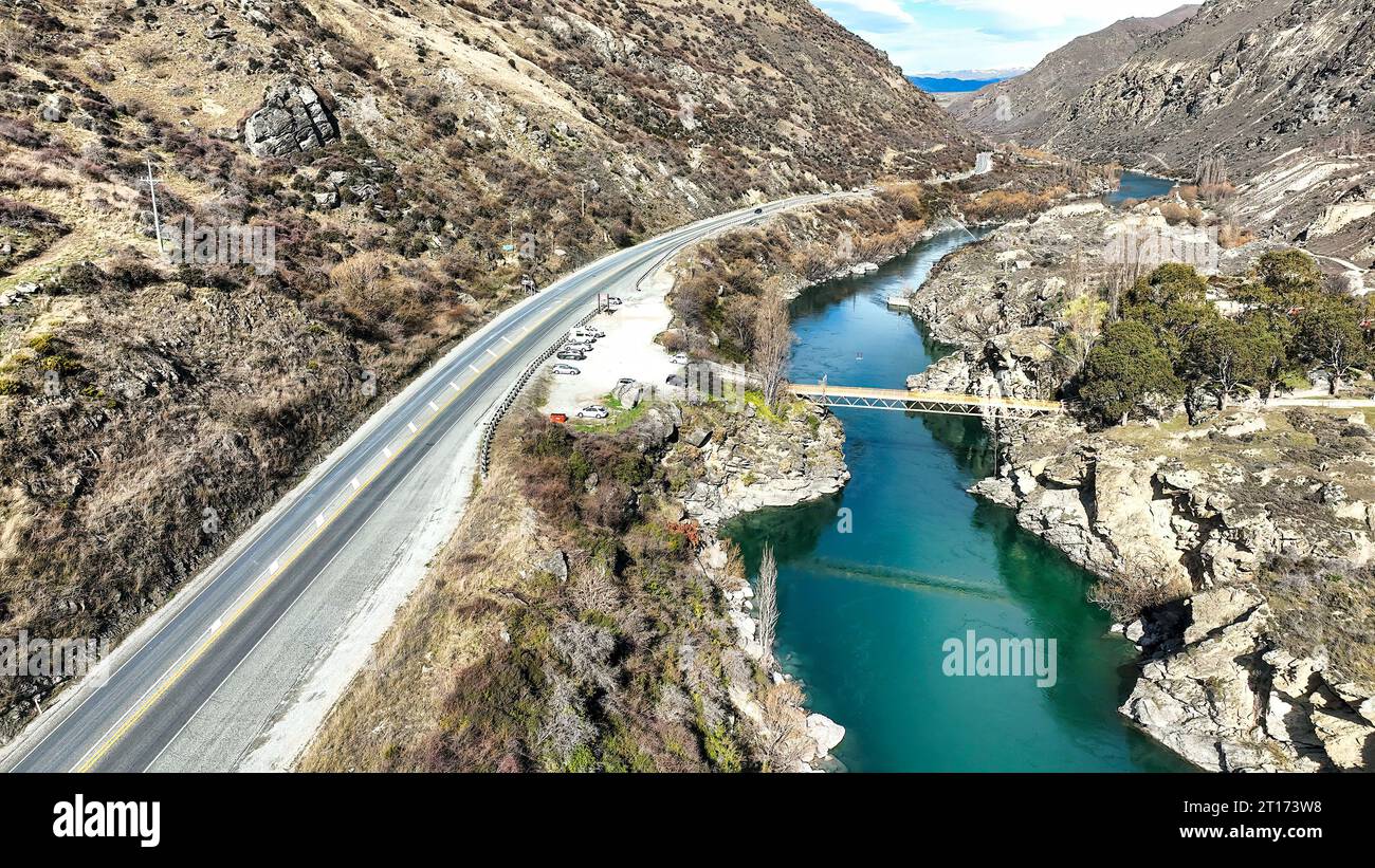 Aerial photography of the Kawarau river flowing strongly through the ...
