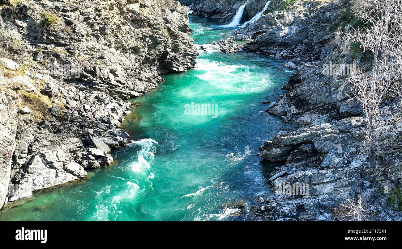 Aerial photography of the Kawarau river flowing strongly through the ...
