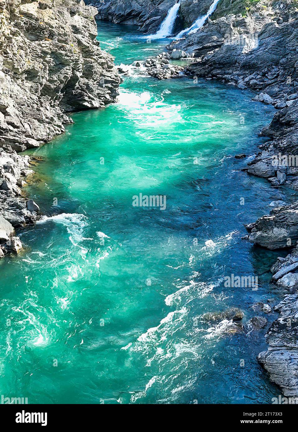 Aerial photography of the Kawarau river flowing strongly through the ...