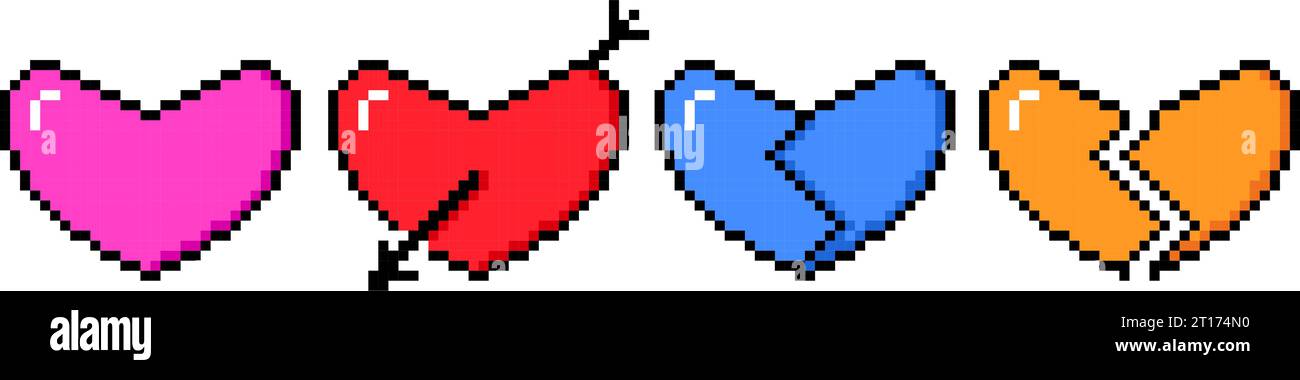 Pixel hearts set. 8 bit video game style heart collection. Heart with ...