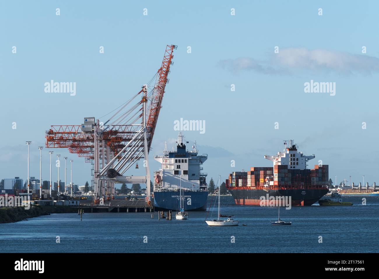 Container ship berthing with a tug boat at the Tauranga port Stock ...