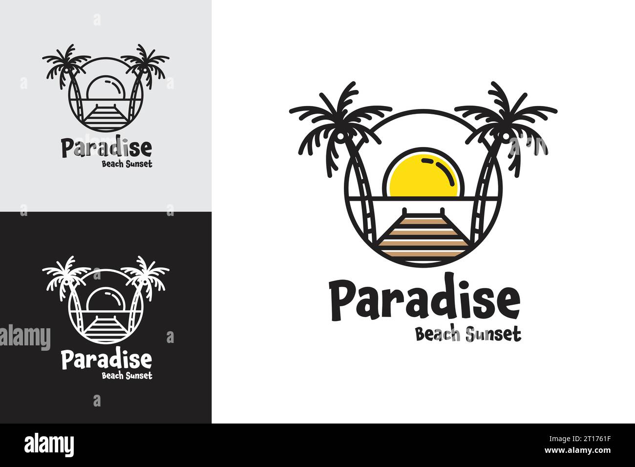 Line art paradise logo concept of tropical coastline with two palm ...
