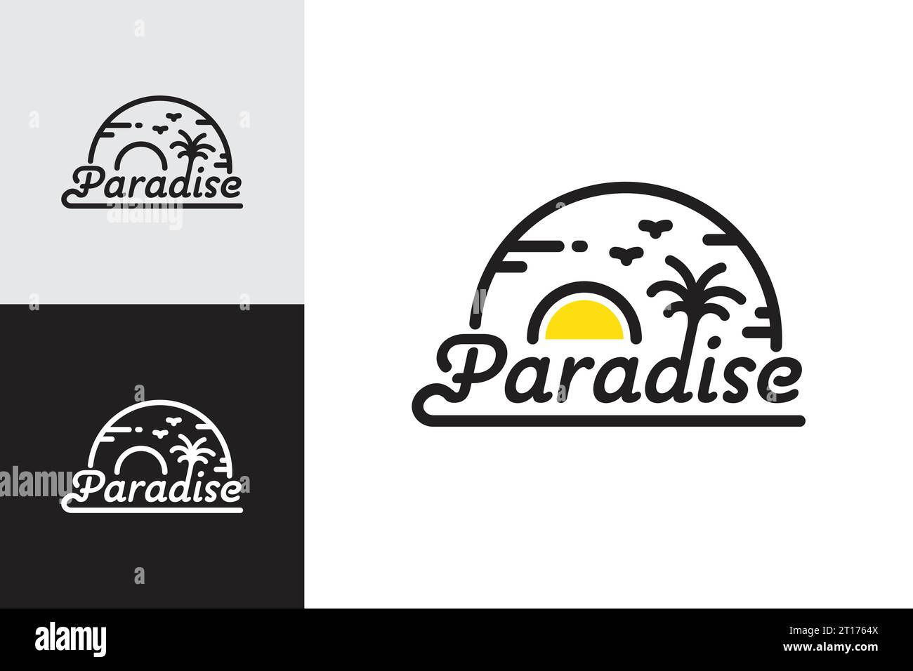 Line art paradise logo tropical beach concept with palm trees and ...