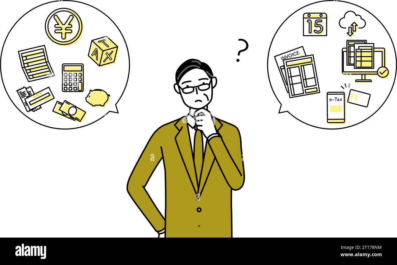 Simple line drawing icon of a tax return and a questioning businessman ...