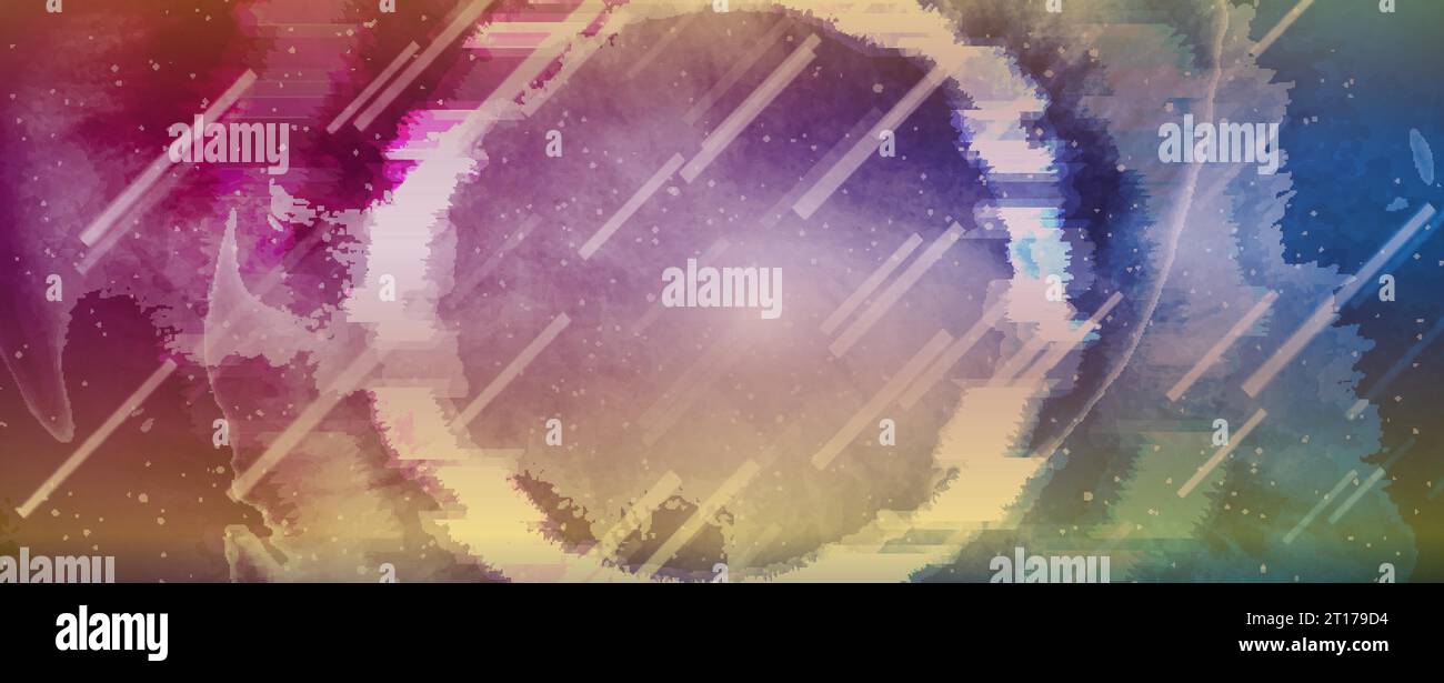 Glitch laser neon circle and lines on grunge sky background. Retro ...
