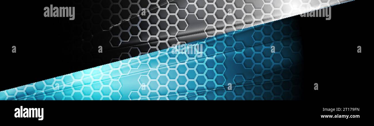 Black and blue tech glossy banner with honeycomb texture. Geometric abstract vector background ...