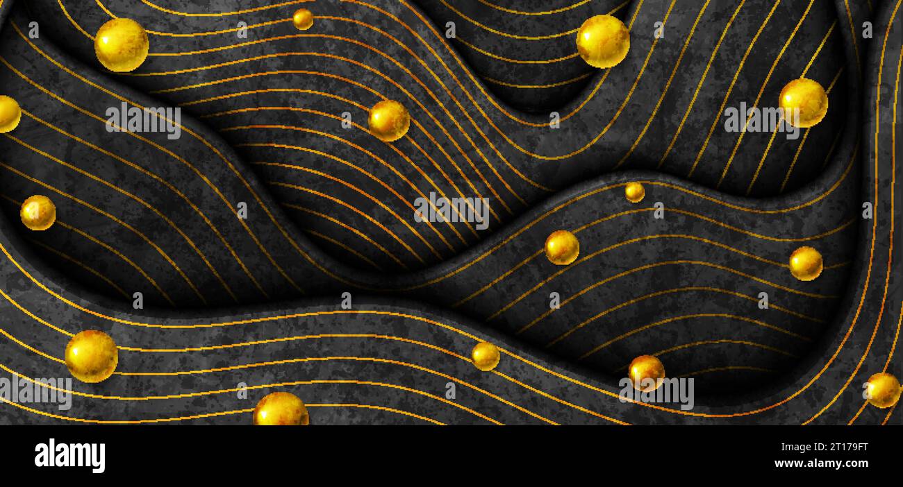 Tech vector golden and black graphic design with waves and balls ...
