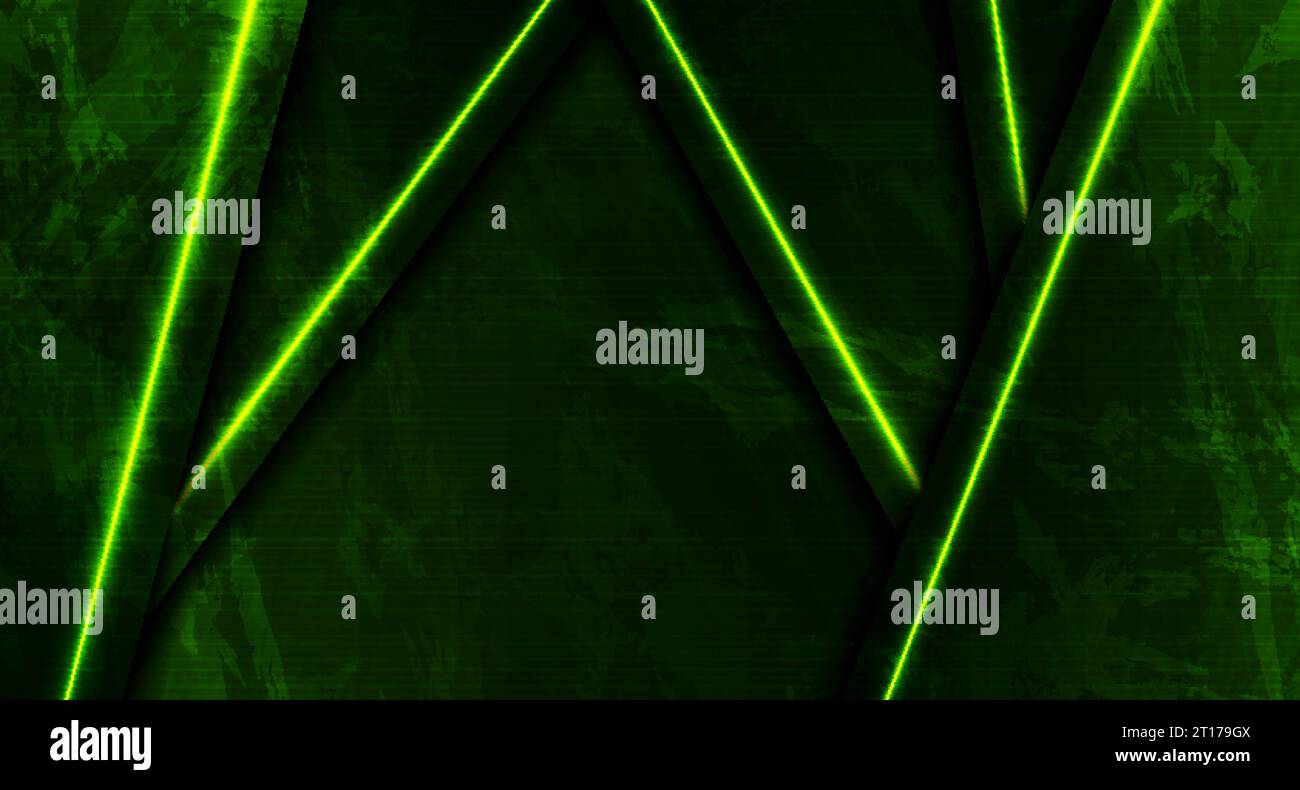 Dark green neon laser lines. Abstract grunge tech graphic design. Old ...