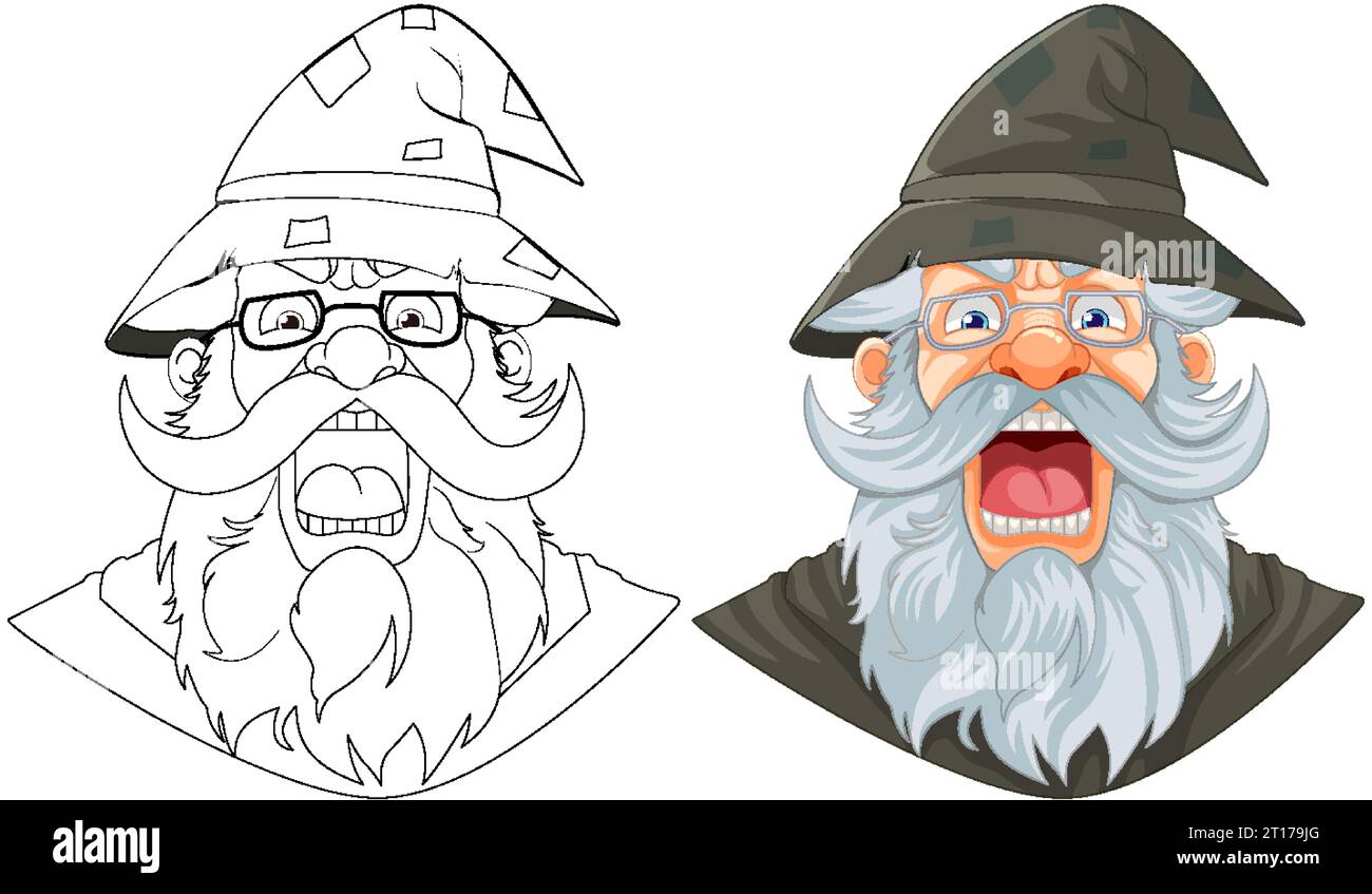 Angrily scowling old man wearing a wizard hat, with a long beard and ...
