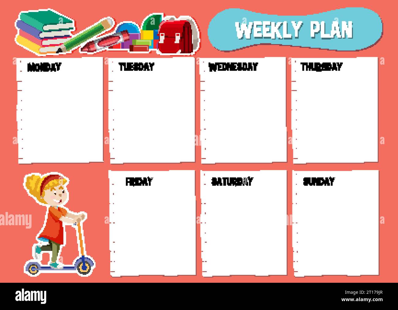 Vector cartoon characters follow a weekly plan from Monday to Friday ...
