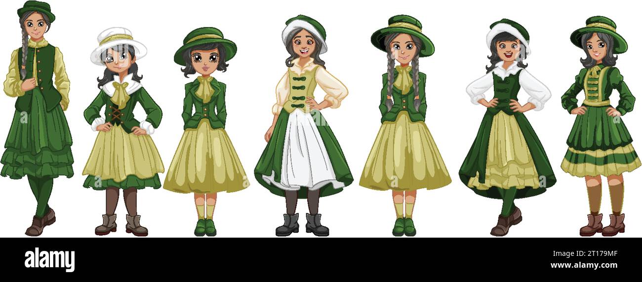 A set of girl and women in green dresses from different traditional ...