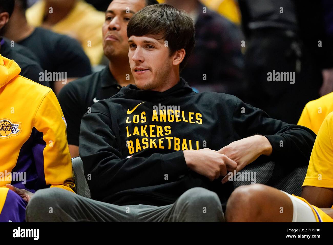 Los Angeles Lakers guard Austin Reaves sits on the bench during the ...