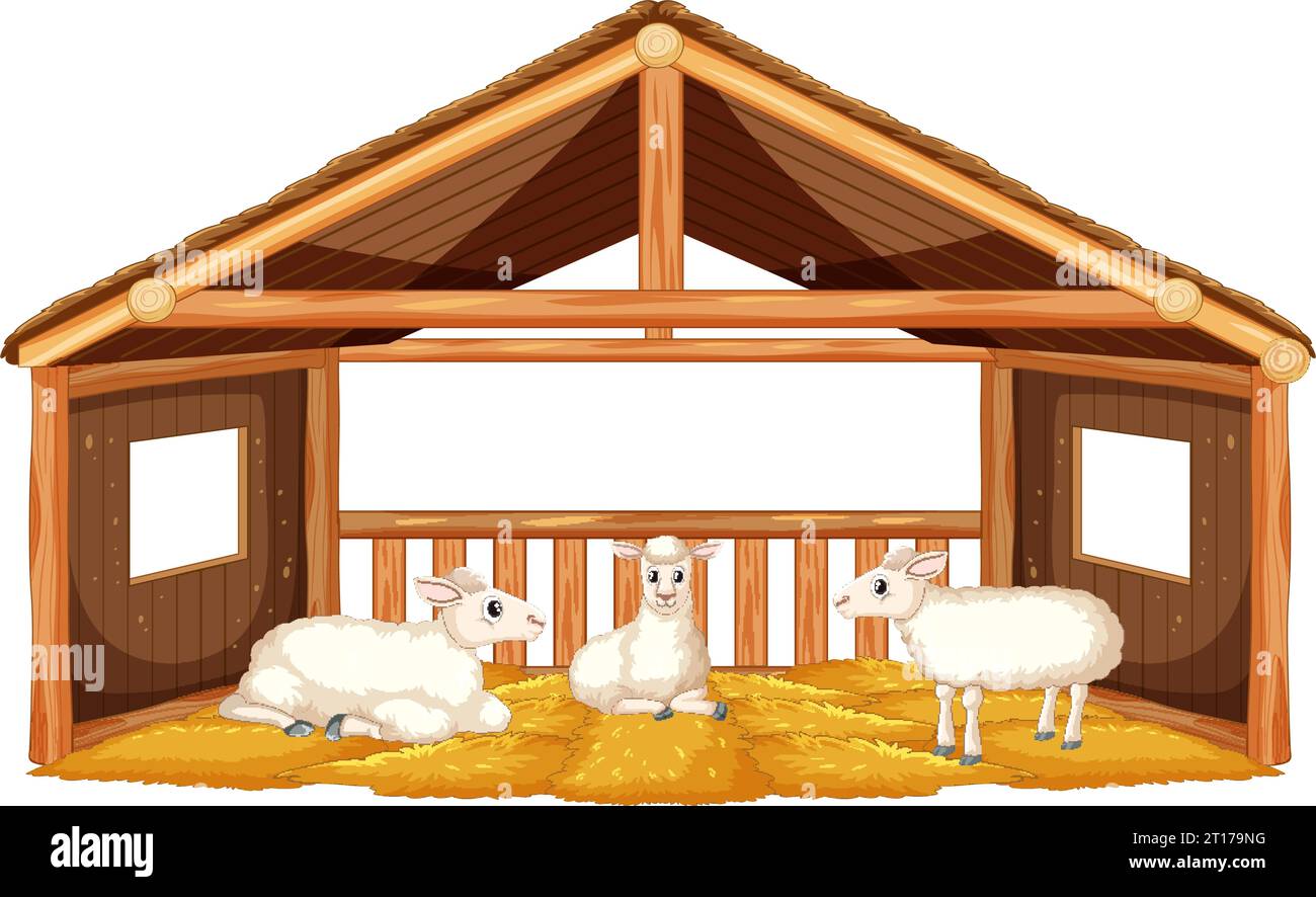 Colorful cartoon illustration of sheeps in a stable Stock Vector Image ...