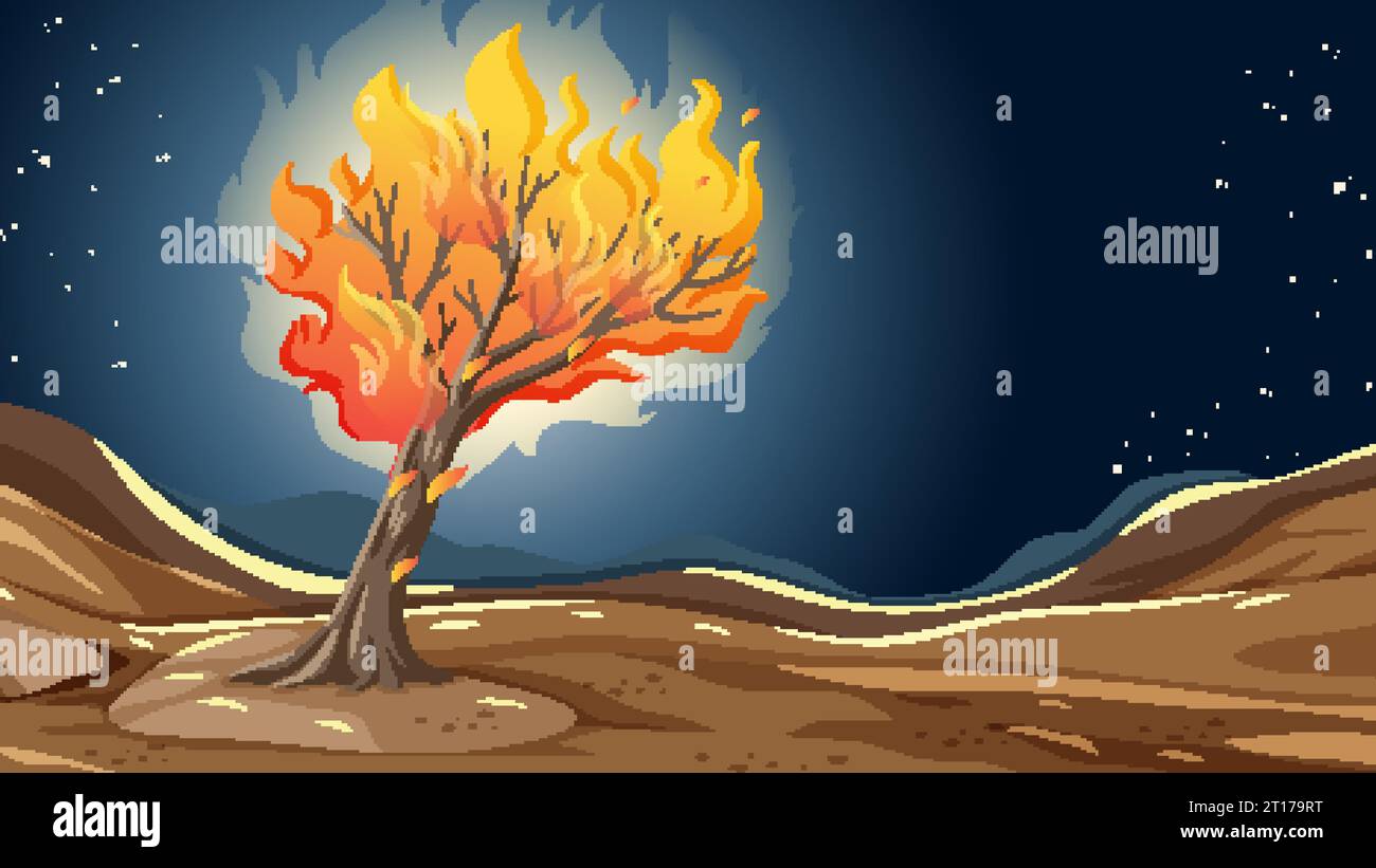 Illustration of a religious Moses story with a burning death tree in a ...