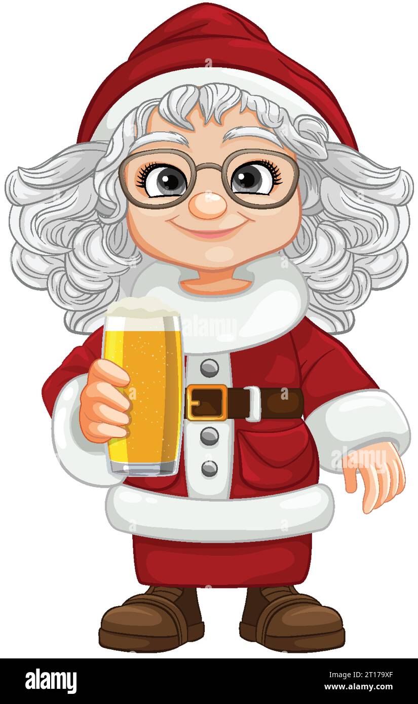 A joyful female Santa Claus wearing glasses holds a pint of beer Stock ...