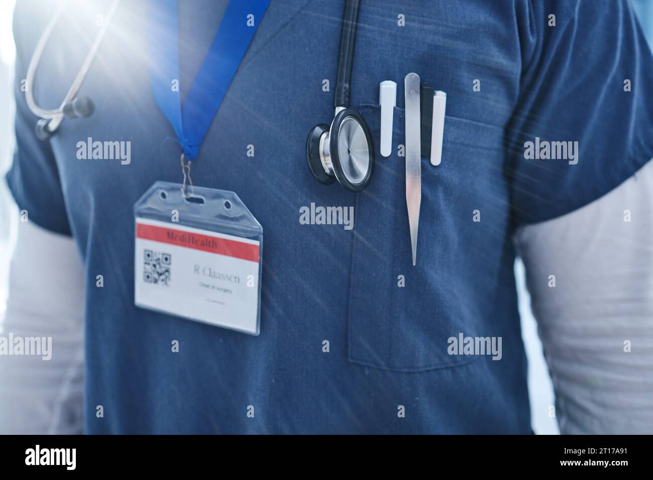 Close up, doctor and medical utensils with stethoscope, morning sunrise ...