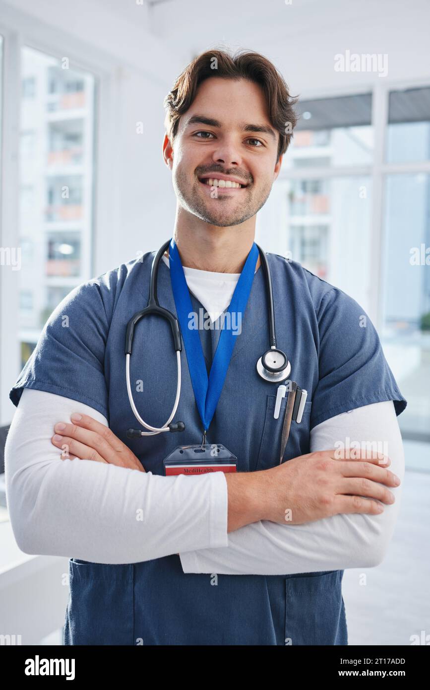 Medical portrait, arms crossed and happy man, doctor or surgeon with ...