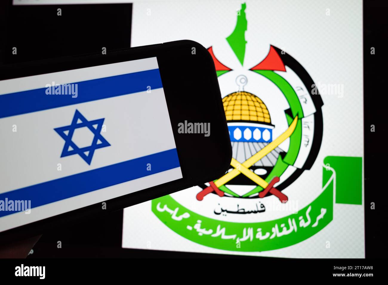 October 12, 2023: The emblem of the Hamas militant group with the ...