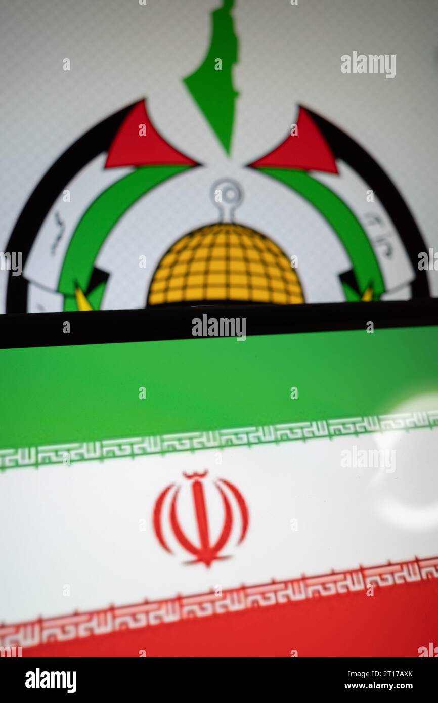 October 12, 2023: The emblem of the Hamas militant group with the ...