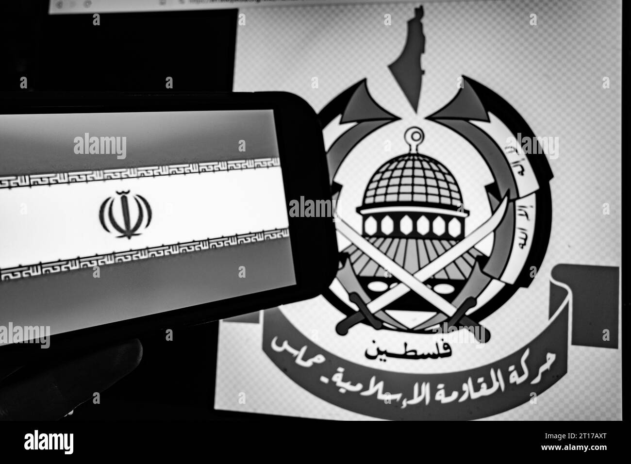 October 12, 2023: The emblem of the Hamas militant group with the ...