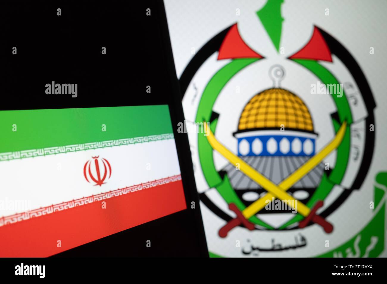 October 12, 2023: The emblem of the Hamas militant group with the ...