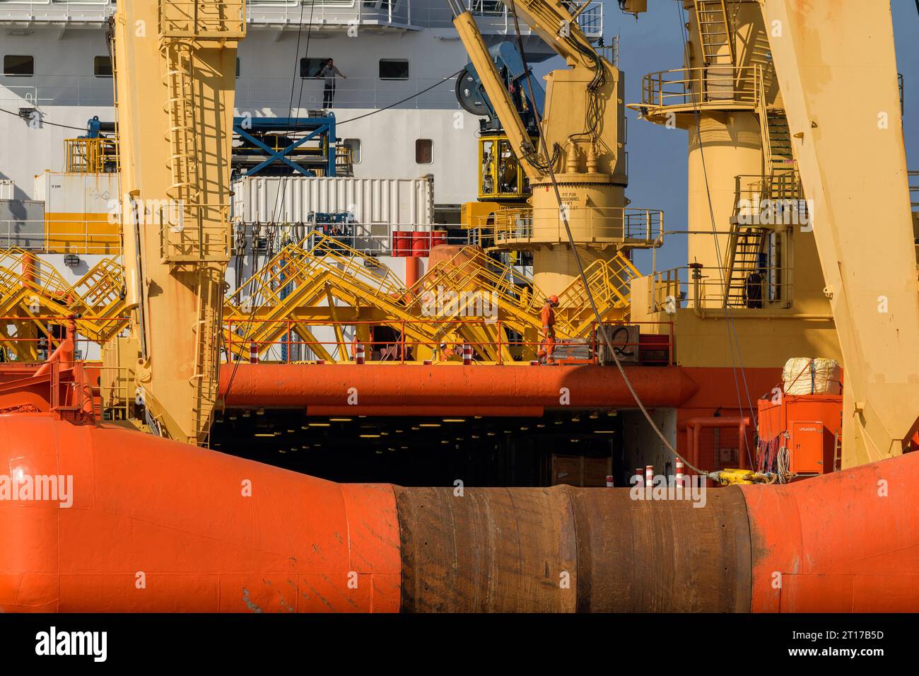 Port De Bouc, France. 11th Oct, 2023. A lonely worker is seen on board ...