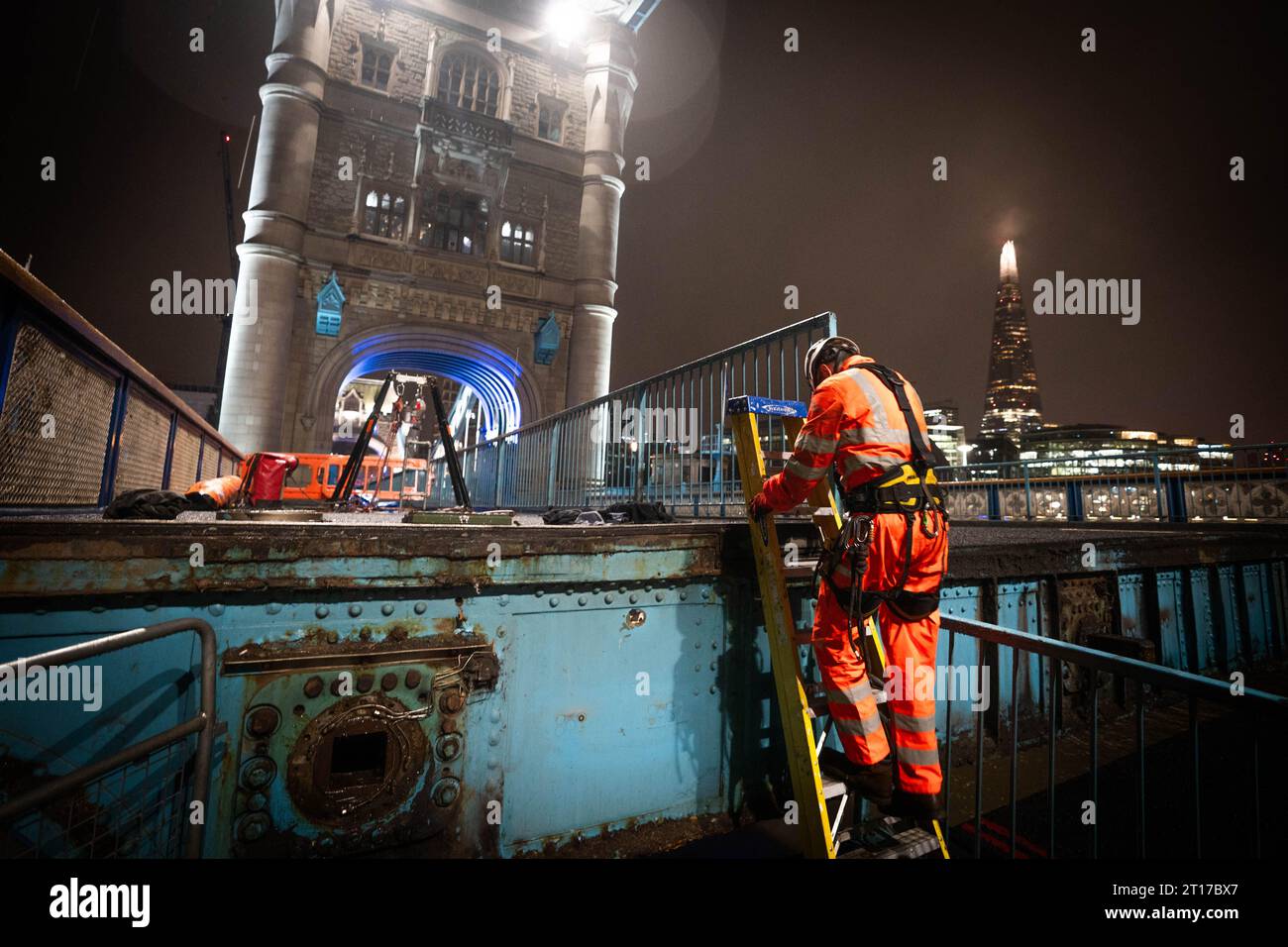 Engineers work at Tower Bridge in central London. For the first time in ...