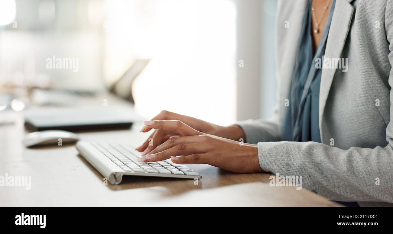 Keyboard, hands and businesswoman in the office typing for legal ...