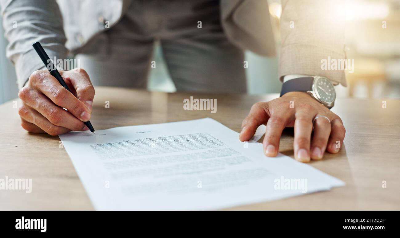 Closeup, hands and business man with documents, writing and signature ...