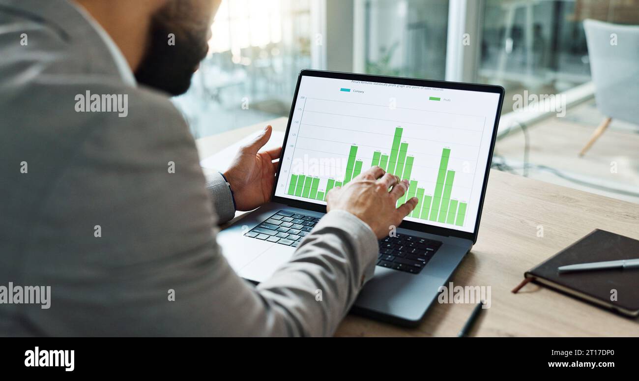Hands, laptop and chart for business man, analysis and check progress ...