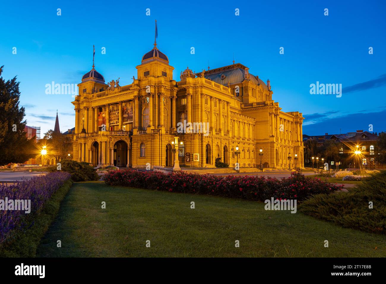 The Croatian National Theatre in Zagreb during blue hour is a theatre ...