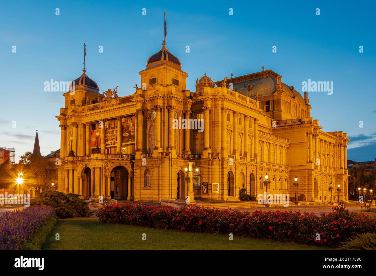 The Croatian National Theatre in Zagreb during blue hour is a theatre ...
