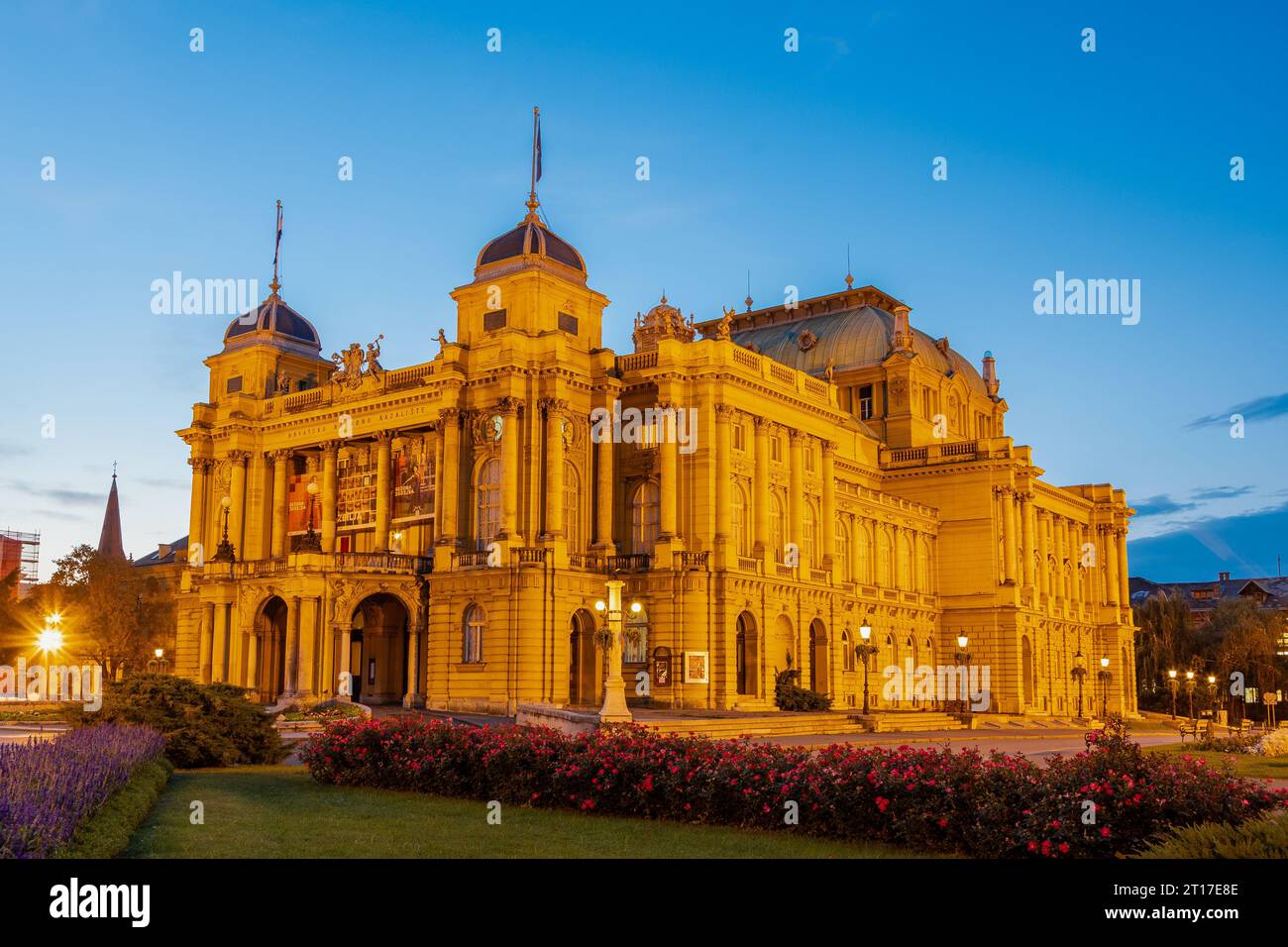 The Croatian National Theatre in Zagreb during blue hour is a theatre ...