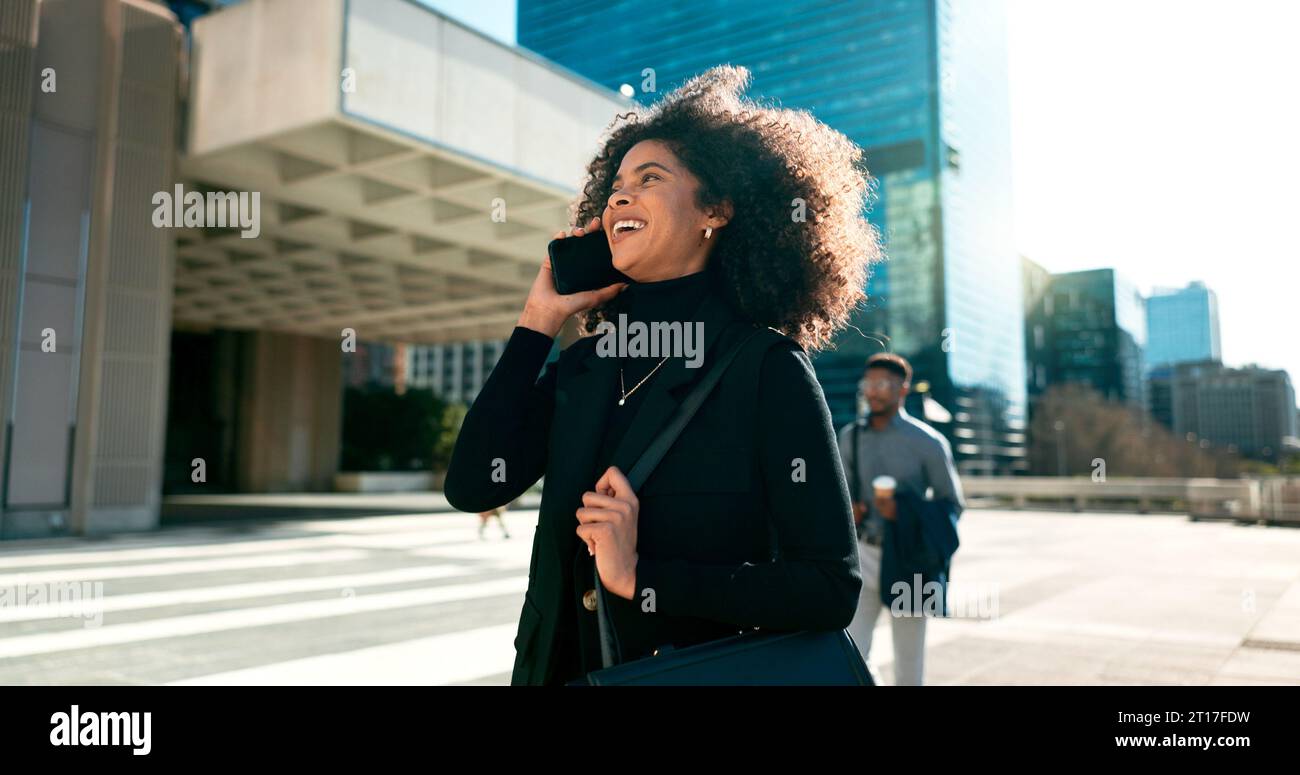 Walking, smile or businesswoman in city on a phone call talking ...