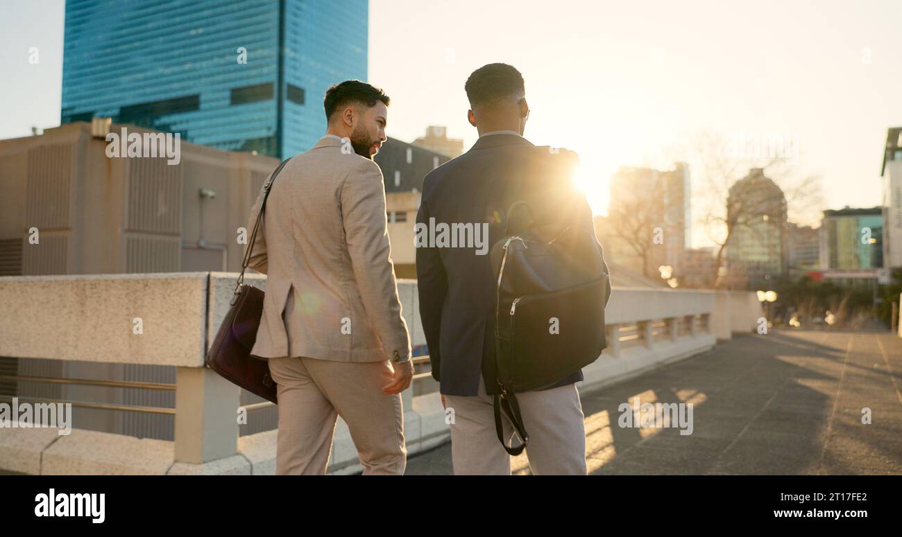Business, men and walking in street with support in city for ...