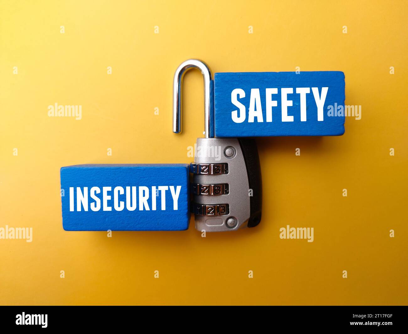 Colored wooden block and padlock with the word INSECURITY SAFETY Stock ...
