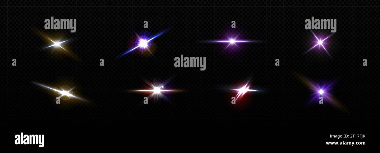 Twinkles and flares with glowing effect on black background. Realistic ...