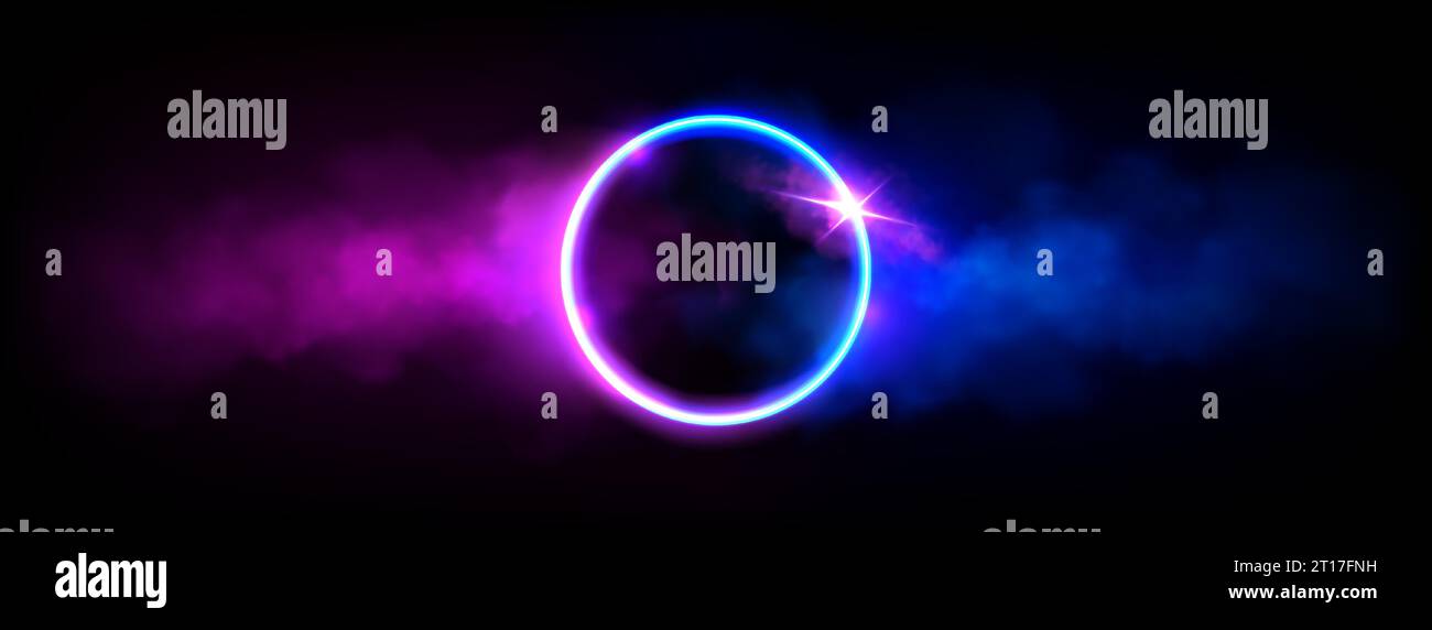 Neon luminous ring frame with cloud or smoke and twinkle. Realistic ...