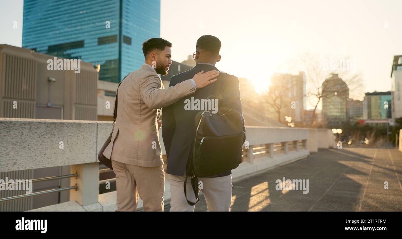 Business, men and walking in street with support in city for ...