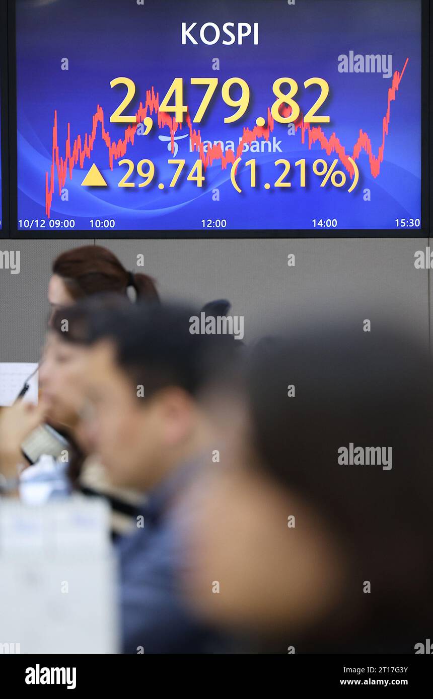 12th Oct, 2023. KOSPI gains An electronic signboard in the dealing room of Hana Bank in Seoul on ...