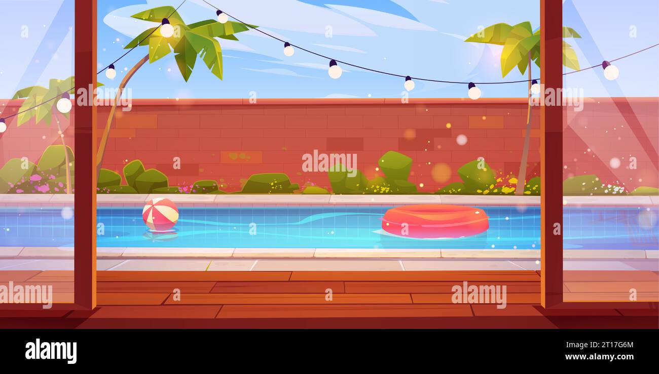 Backyard swimming pool behind open glass door. Vector cartoon ...