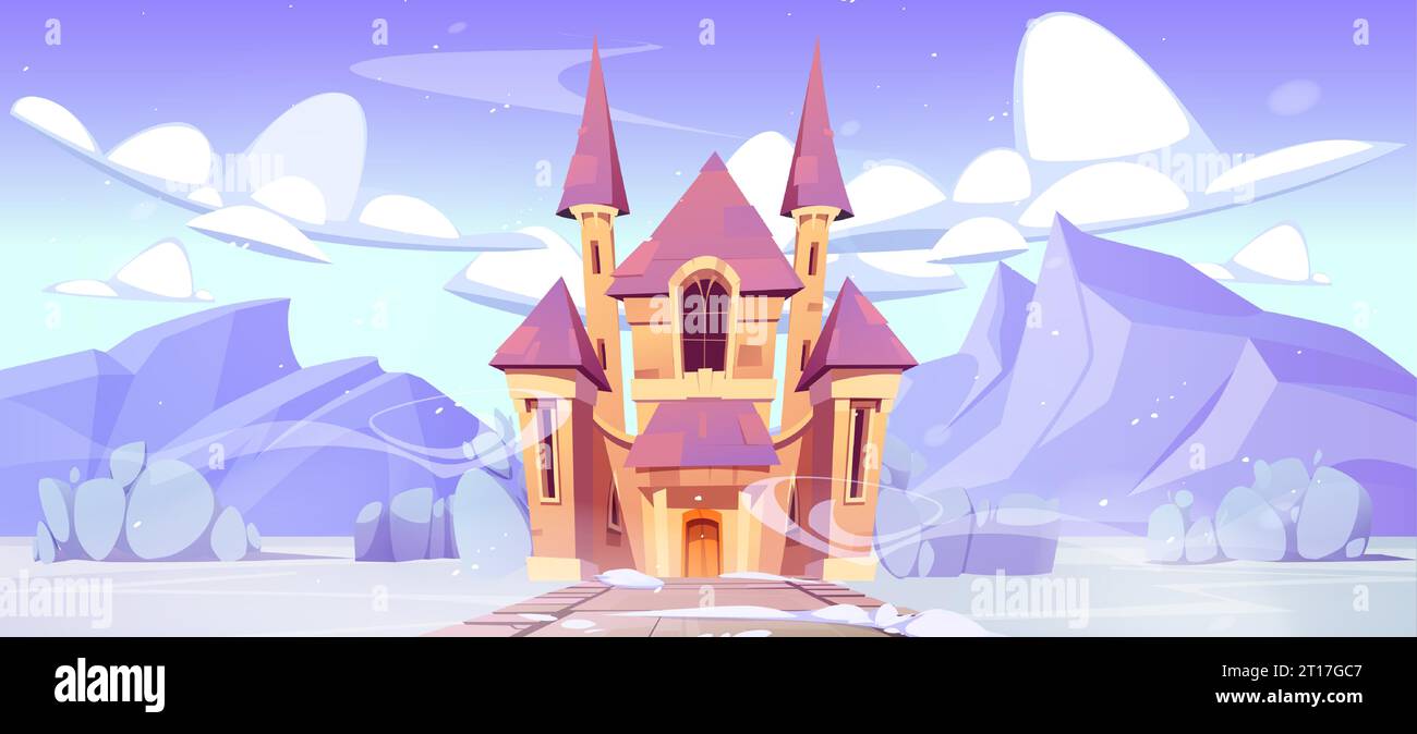 Medieval castle on winter mountain landscape. Vector cartoon ...