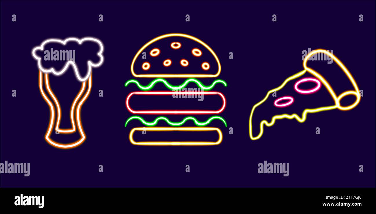 set beer and a burger glowing desktop icon, neon fast food sticker ...