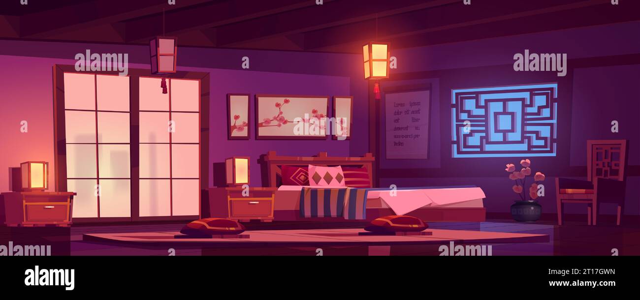 Traditional asian bedroom at night. Vector cartoon illustration of dark ...