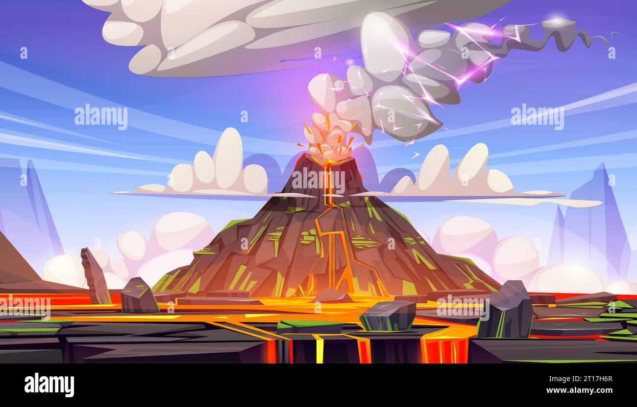 Volcano lava eruption cartoon vector background. Volcanic mountain ...