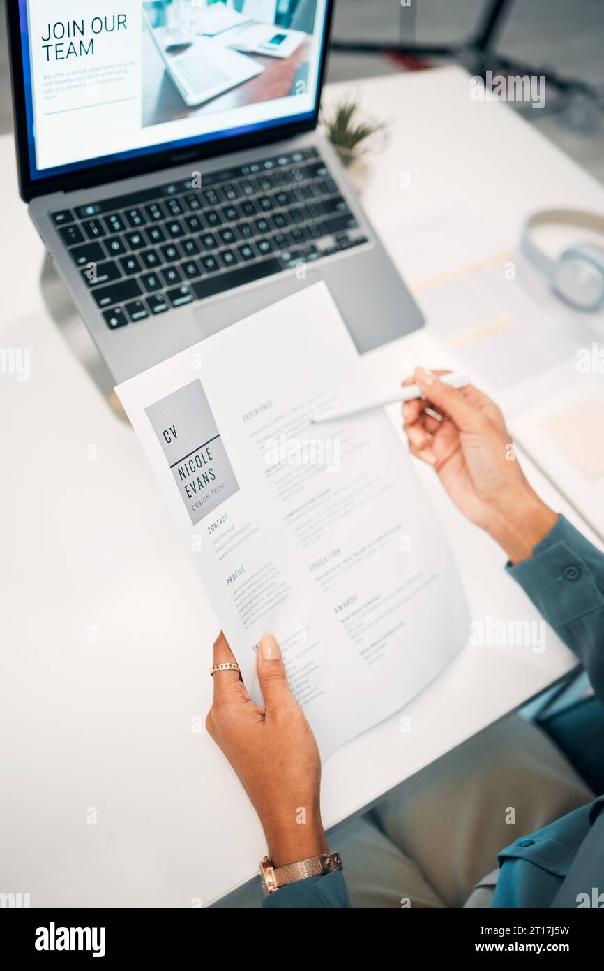 Hands, pen and human resources with CV, hiring and recruitment in ...