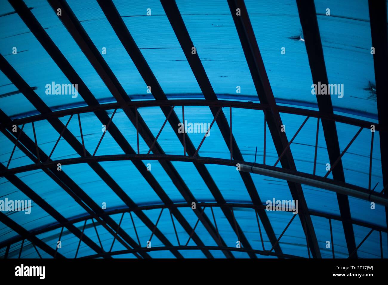 Blue Plastic Roof. Steel roof. Steel beam construction. Architectural ...