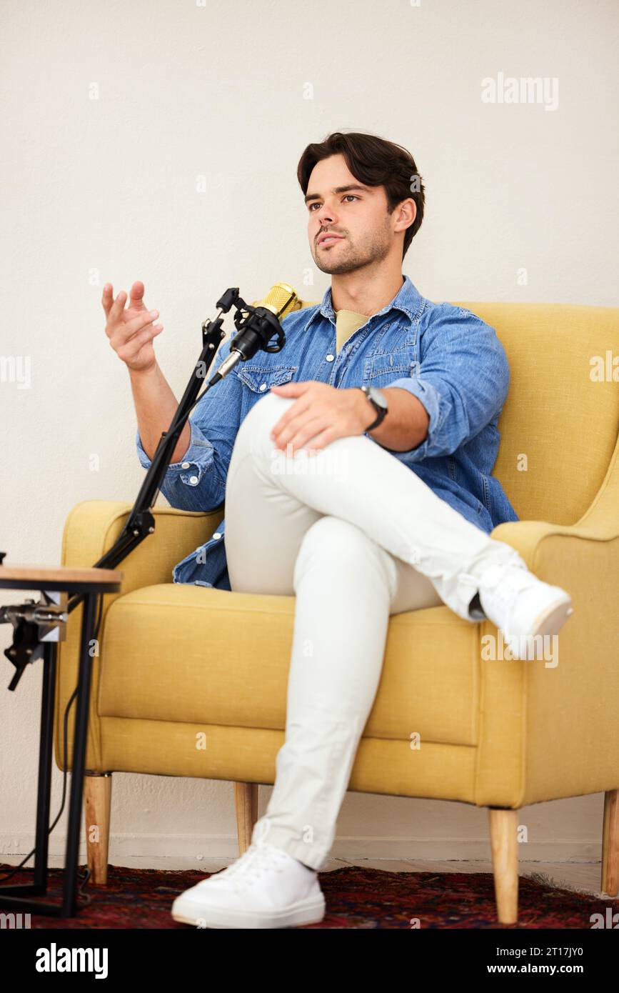 Man, microphone and podcast, influencer and media with broadcast ...