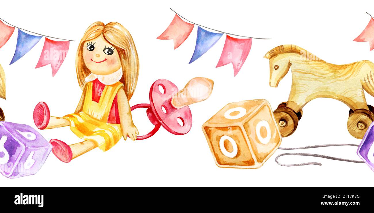 Watercolor seamless border of children theme, hand drawn sitting doll ...